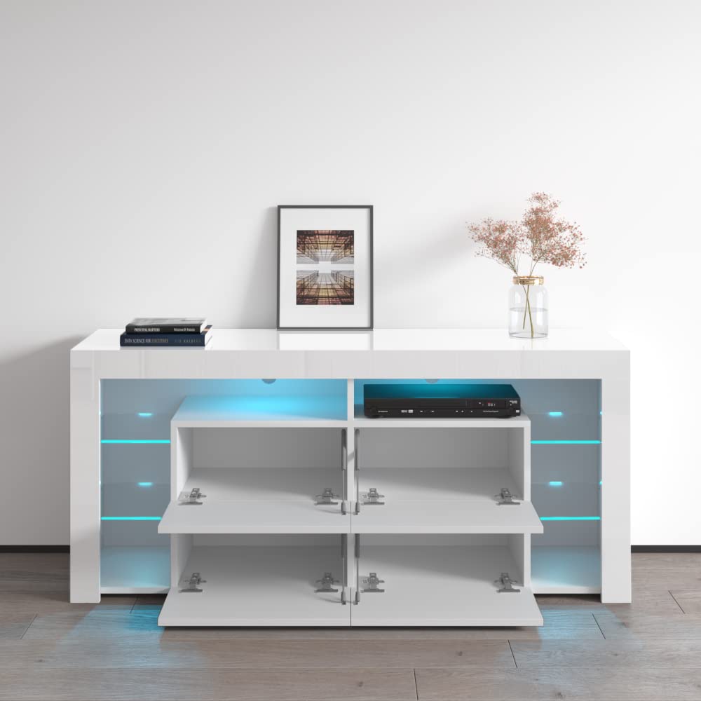 Meble Furniture Minelli TV Stand for TVs up to 70", Modern High Gloss 61" Entertainment Center, TV Media Console with Storage Cabinets and LED Lights