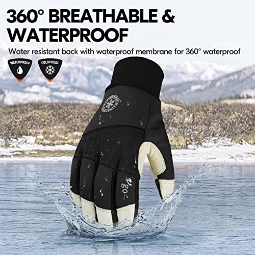 Vgo... 1-Pair 32℉ or above Lined Winter Premium Pigskin Leather Waterproof Work Gloves (Size L,Black, PA1015FW)