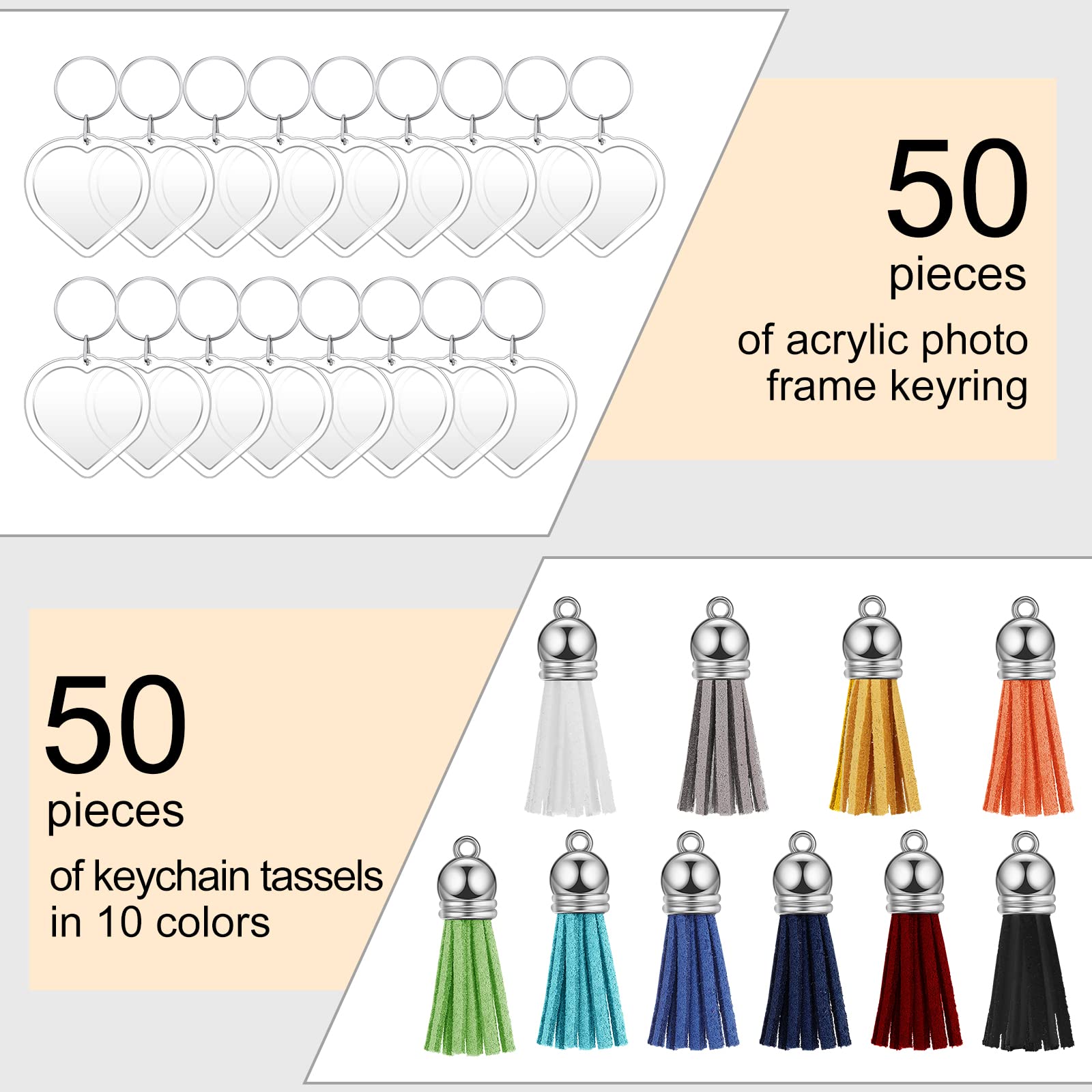 Yaomiao 50 Sets Acrylic Photo Frame Keychain with Tassels, Snap-In Custom Insert Photo Keyring Clear Blank Picture Keyring (Heart)
