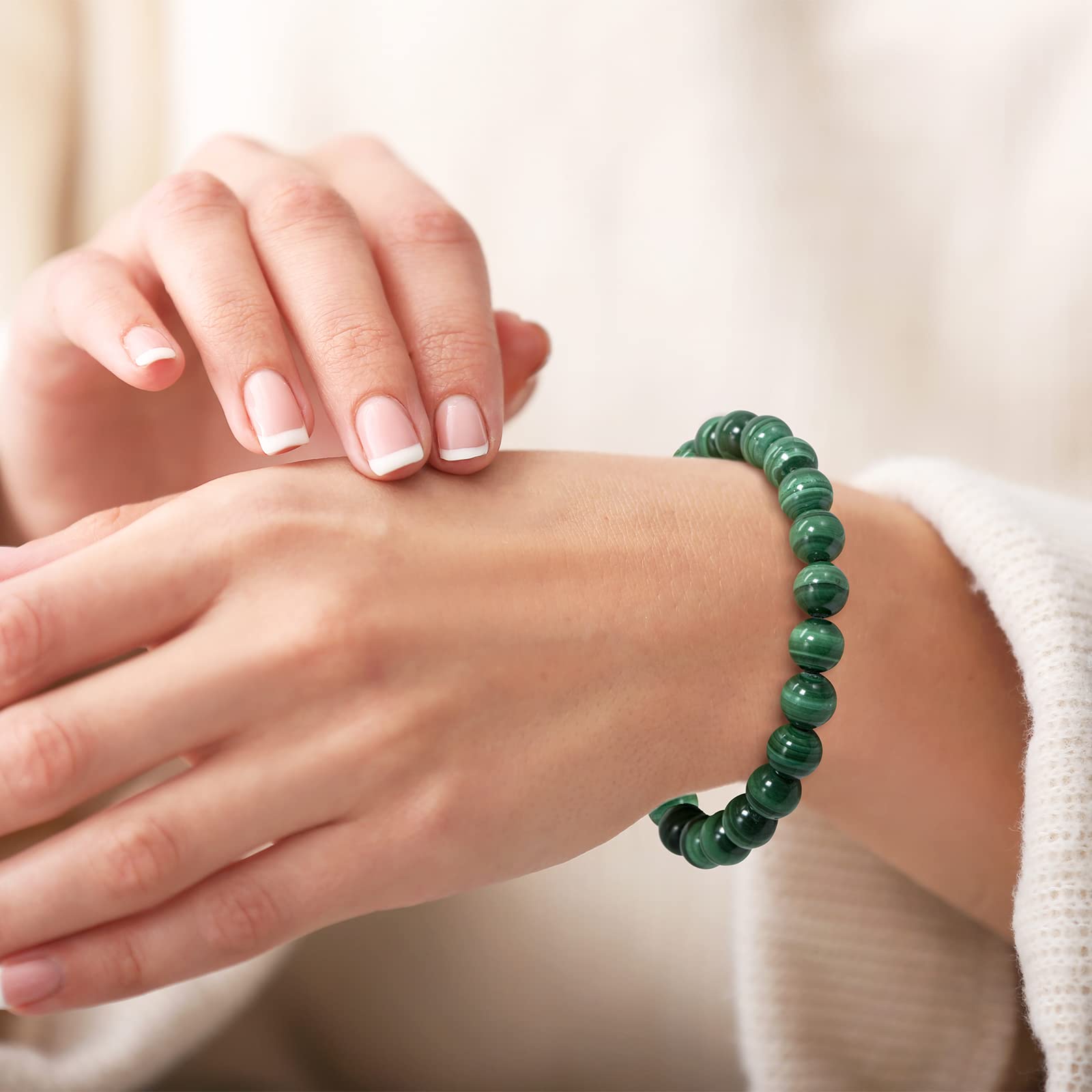 Rose&Poem Natural Malachite Bracelet, Handmade Gemstone Beaded Stretch Bracelets, 8mm Crystal Beads Semi-Precious Jewelry