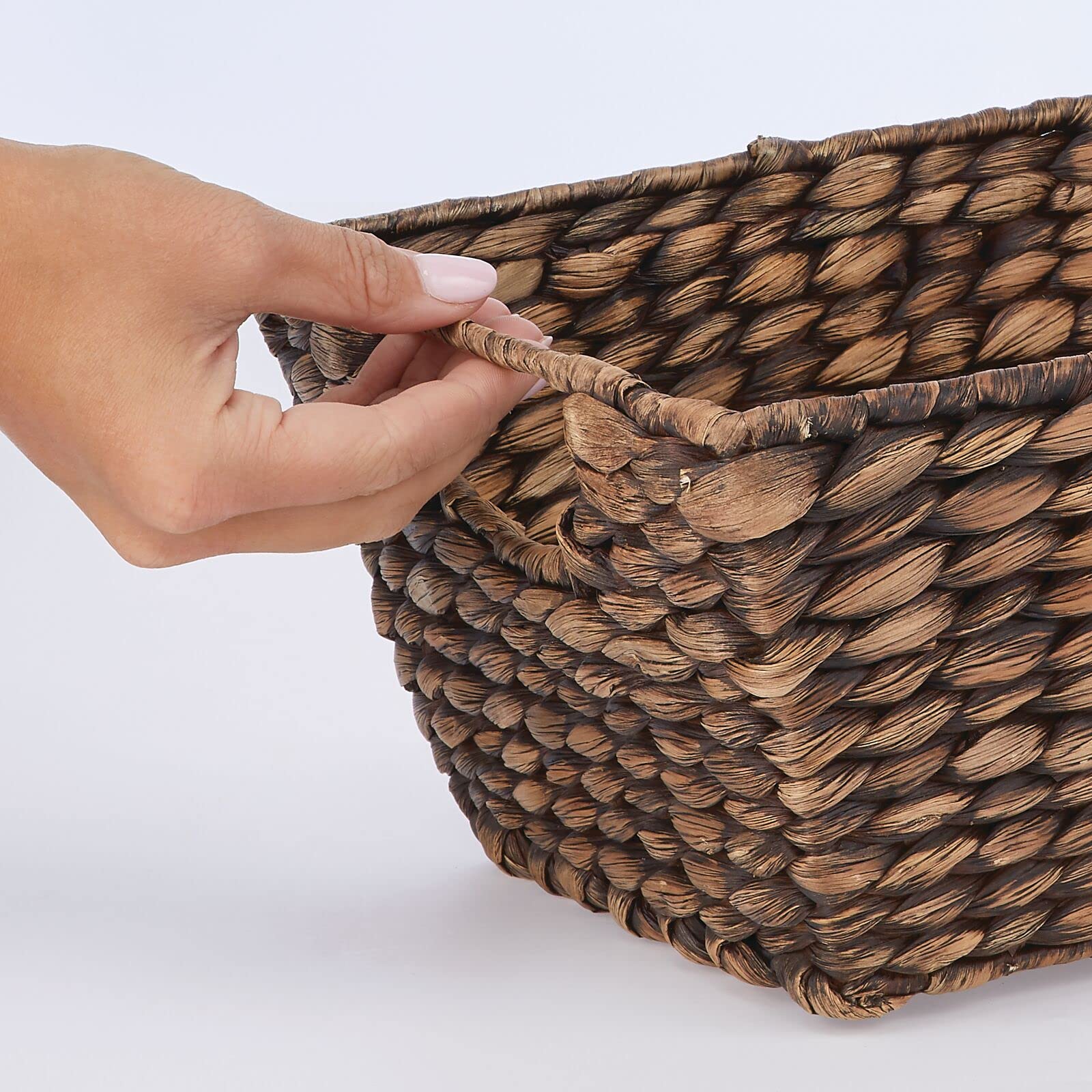 mDesign Natural Woven Hyacinth Closet Storage Organizer Basket Bin for Kitchen Cabinets, Pantry, Bathroom, Laundry Room, Closets, Garage - 2 Pack - Dark Brown