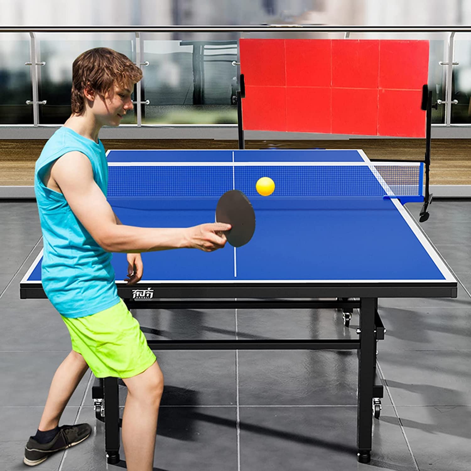 Table Tennis Rebound Board with 8 Red Rubbers, Movable Universal Wheels, Angle Adjustable Professional Ping-Pong Return Board for Indoor Ping-Pong Club and Outdoor Court