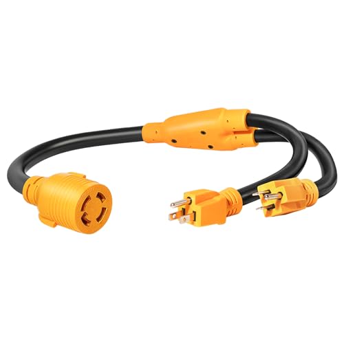 MECMO 2X 5-15P Male Plug to L14-30R 4-Prong Generator Twist Lock Female Receptacle Y Adapter Cord, 3Ft Generator Distribution Cord, 10 AWG STW 4 Prong Twisit Locking Generator Outlet 30Amp 125V / 250V