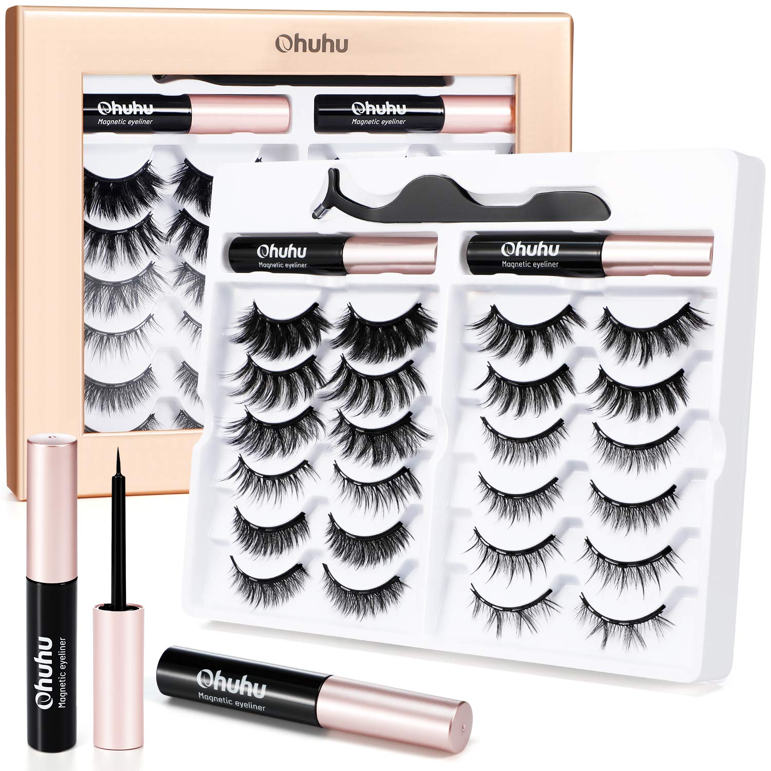 Magnetic Eyelashes with Eyeliner Kit, Ohuhu 12 Pairs Different Reusable 5D Magnetic Eyelashes with Magnetic Eyeliner Tweezer Magnetic False Lashes Natural Look No Glue Needed