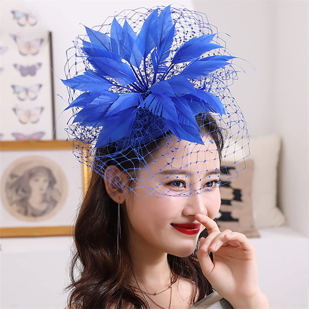 Royal Blue Hat Hat with Feather Flower Ladien Gauze Dress Hats Hair Accessories Royal Blue One Size