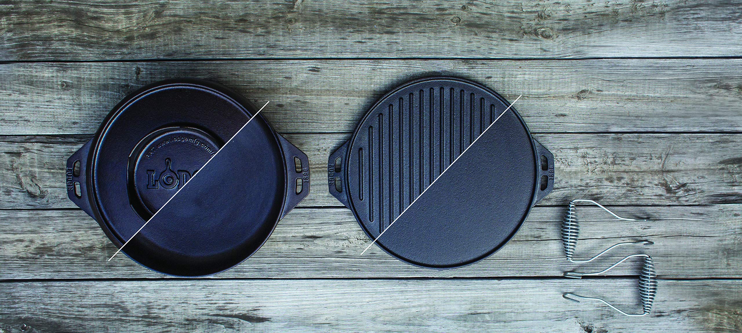 Lodge Cast Iron Cook-It-All Kit. Five-Piece Cast Iron Set includes a Reversible Grill/Griddle 14 Inch, 6.8 Quart Bottom/Wok, Two Heavy Duty Handles, and a Tips & Tricks Booklet.