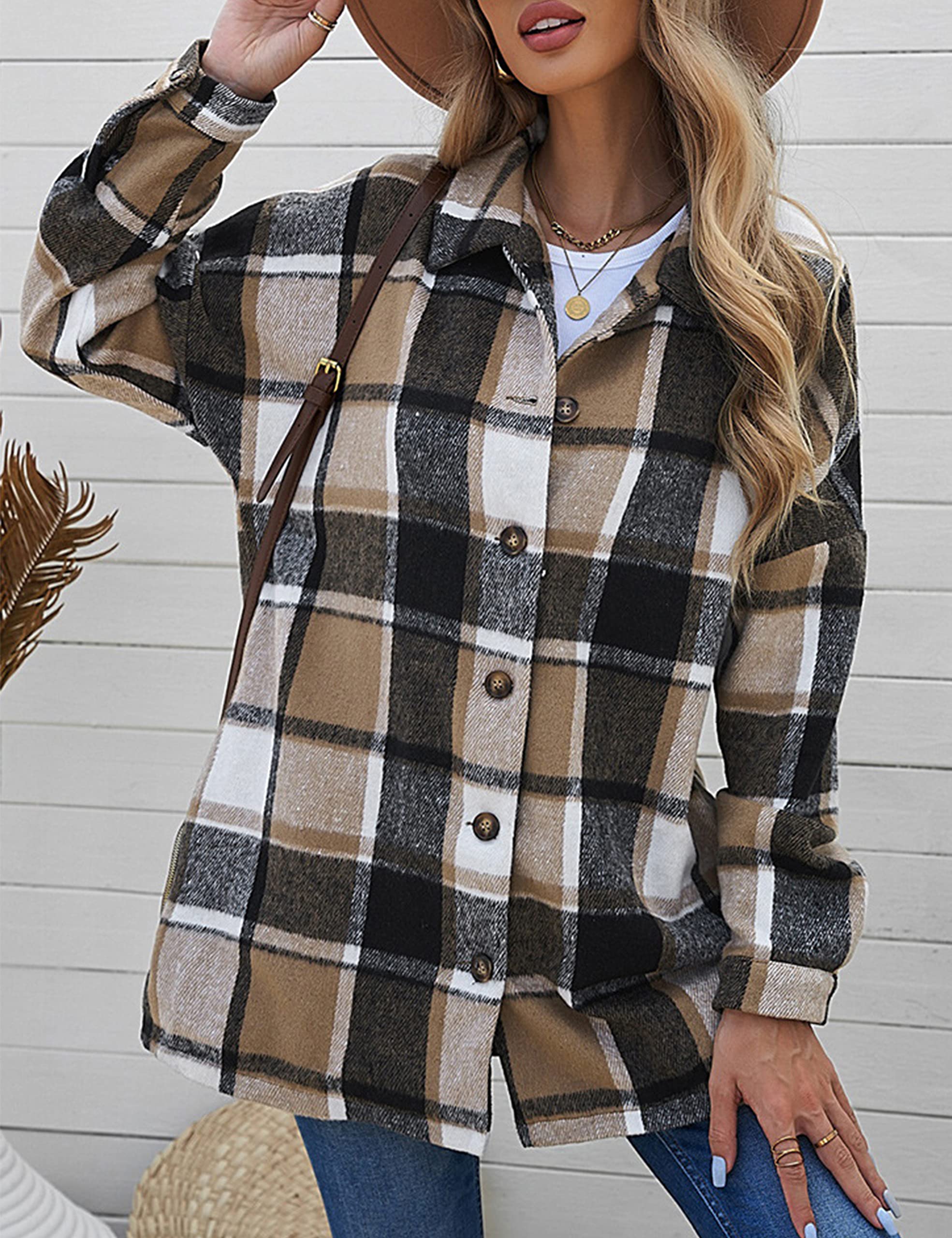 Lentta Women's Flannel Plaid Shacket Jacket Casual Fall Wool Blend Button Up Shirt Coat(Khaki-L)