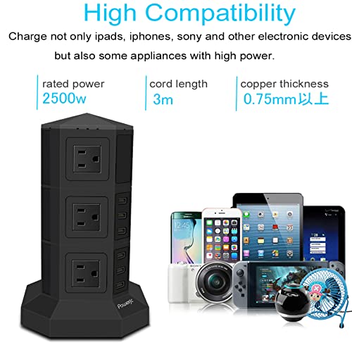 Tower Power Strip Surge Protector 12 AC Outlets with 6 Ports USB Chargers 10 Feet Long Extension Cord Indoor Black-Powerjc