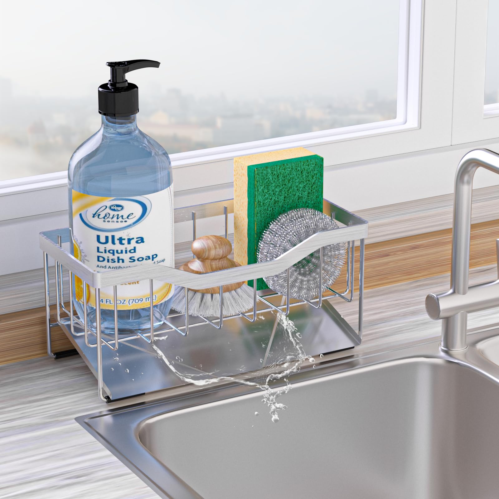 Maifan Stainless Steel Caddy Organizer with Auto Drain Tray, Silver Sponge Holder for Kitchen Sink, Caddy for Kitchen Countertop Storage Gadgets