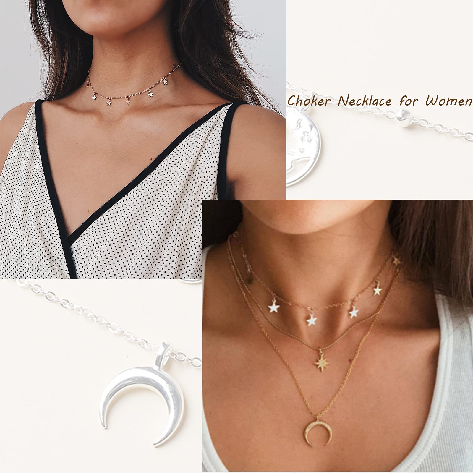 RINHOO FRIENDSHIP 4-6Pcs Multiple Layered Choker Necklace With Moon Star Coin Multi Layered Y Pendant Necklaces Set For Women (4PCS Multiple Silver Necklace)