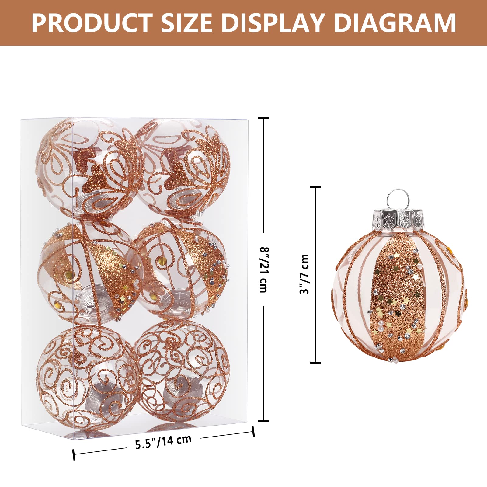 MoonXmas Christmas Ornaments Set, 2.75"/70MM Red Clear Plastic Shatterproof Christmas Tree Hanging Decorations, for Indoor Home Halloween Thanksgiving Xmas Decor - 6Pcs.