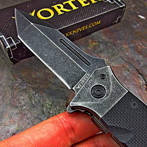 VORTEK Ball Bearing Pivot System Heavy Duty EDC Folding Pocket Knife: 8Cr13MoV Razor Sharp Blade - LMF Style Pommel with Lanyard - Smooth Fast One Hand Opening