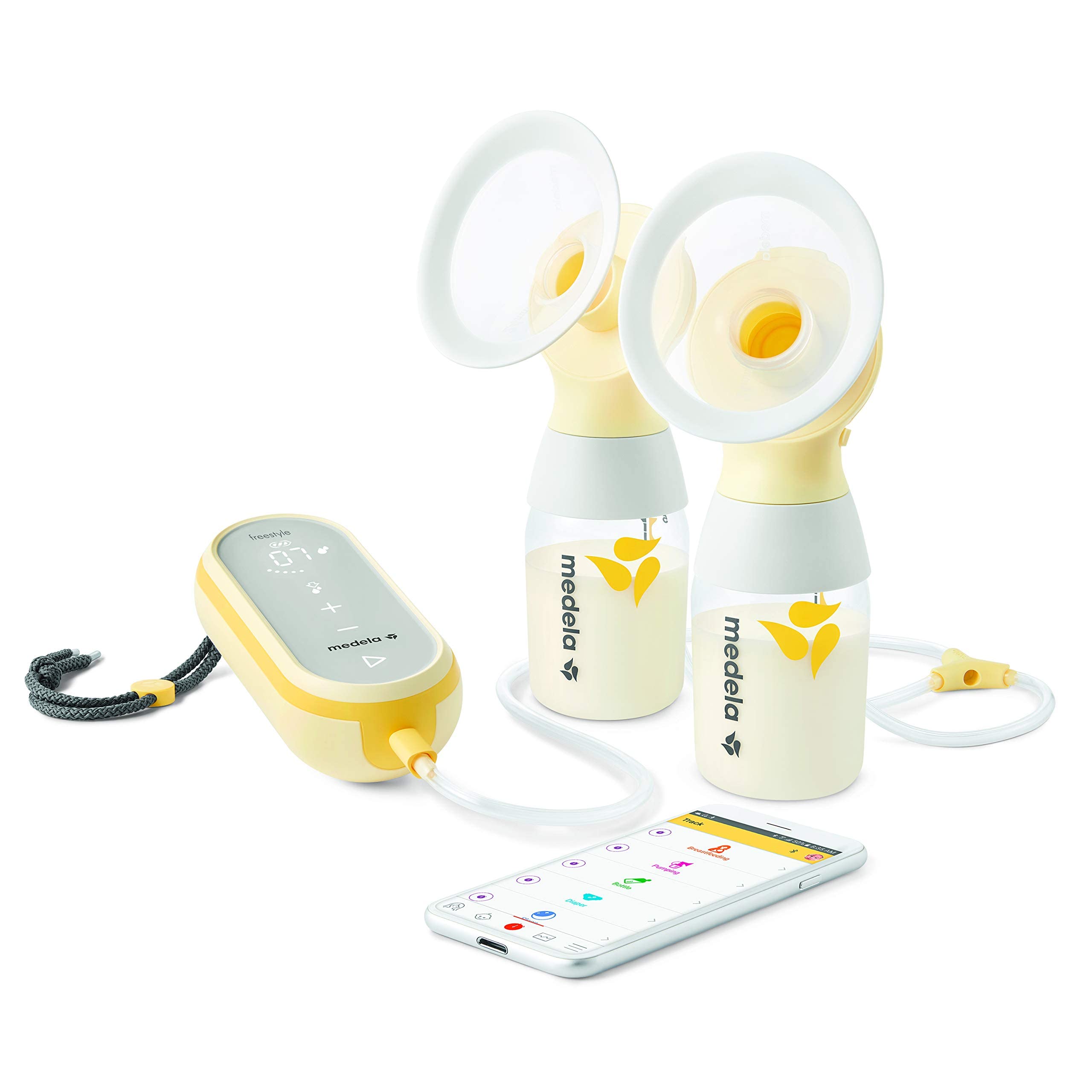 Medela Freestyle Flex Breast Pump with Bonus 100 Breast Milk Storage Bags, Closed System Quiet Handheld Portable Double Electric Breastpump, Mobile Connected Smart Pump with Touch Screen LED Display