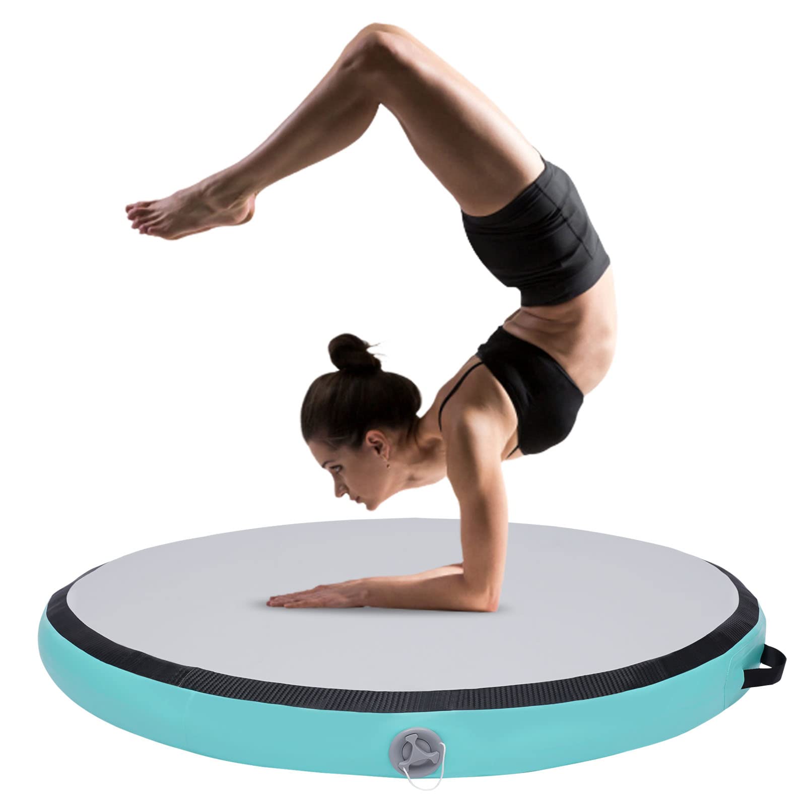 Round Tumbling Mat 3.3FT Air Track Thickened Yoga Mat Inflatable Air Gymnastics Mat with Air Pump Ideal for Home Use Training Cheerleading Yoga Green