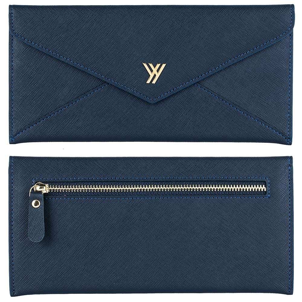 YBONNE Women's Long Wallet RFID Blocking Envelope Purse, Made of Saffiano Leather (Dark Blue)