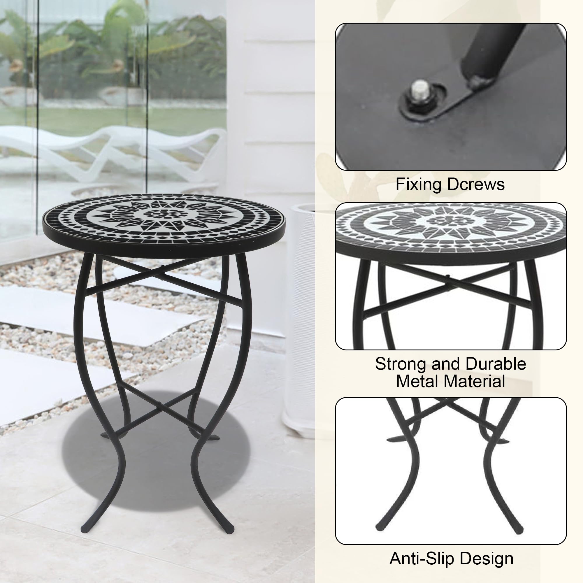 MOOOTTO Outdoor Side Table Mosaic 14 Inch Round Accent Table Plant Stand with Concrete Tile Top Patio End Table, Indoor and Outdoor Accent Table (Dark Blue)