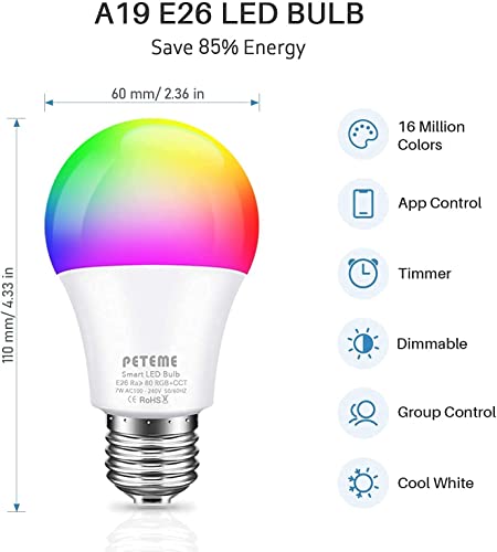 Peteme Alexa Smart Light Bulbs, RGB Color Changing WiFi Smart Bulbs That Work with Alexa, Siri, Echo, Google Home (No Hub Required), E26 A19 7W (2 Pack)