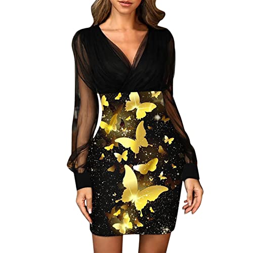 Pinkpaopao Floral Pattern Printed Mini Dress for Women Mesh Deep V Neck Long Sleeve High Waisted Wrap Dress Yellow