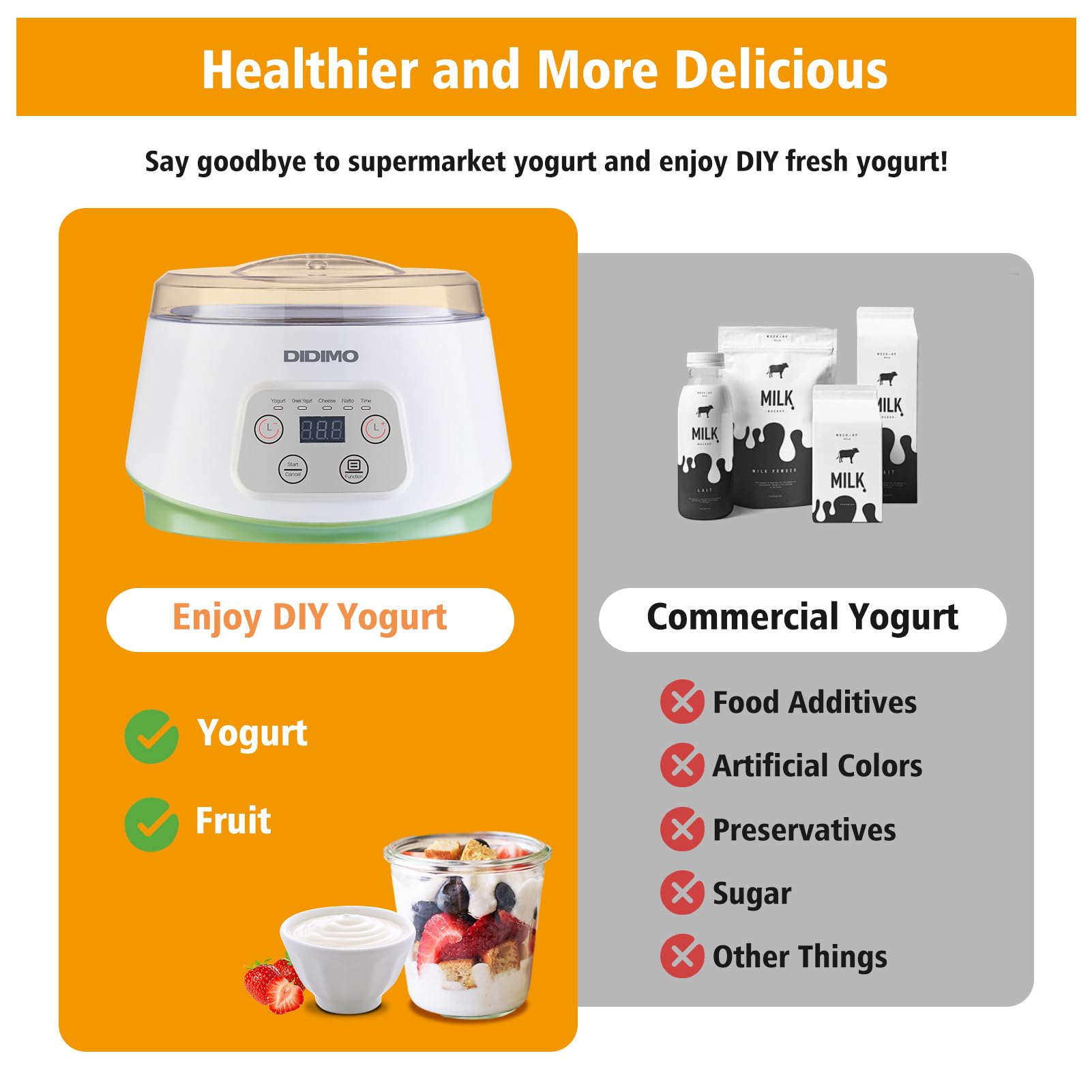 Yogurt Maker, Greek Yogurt Maker with Timer Control and Strainer, Yogurt Maker Machine with Stainless Steel Liner, Electric Portable Yogurt Maker for Yogurt, Greek Yogurt, Cheese, Natto (White)