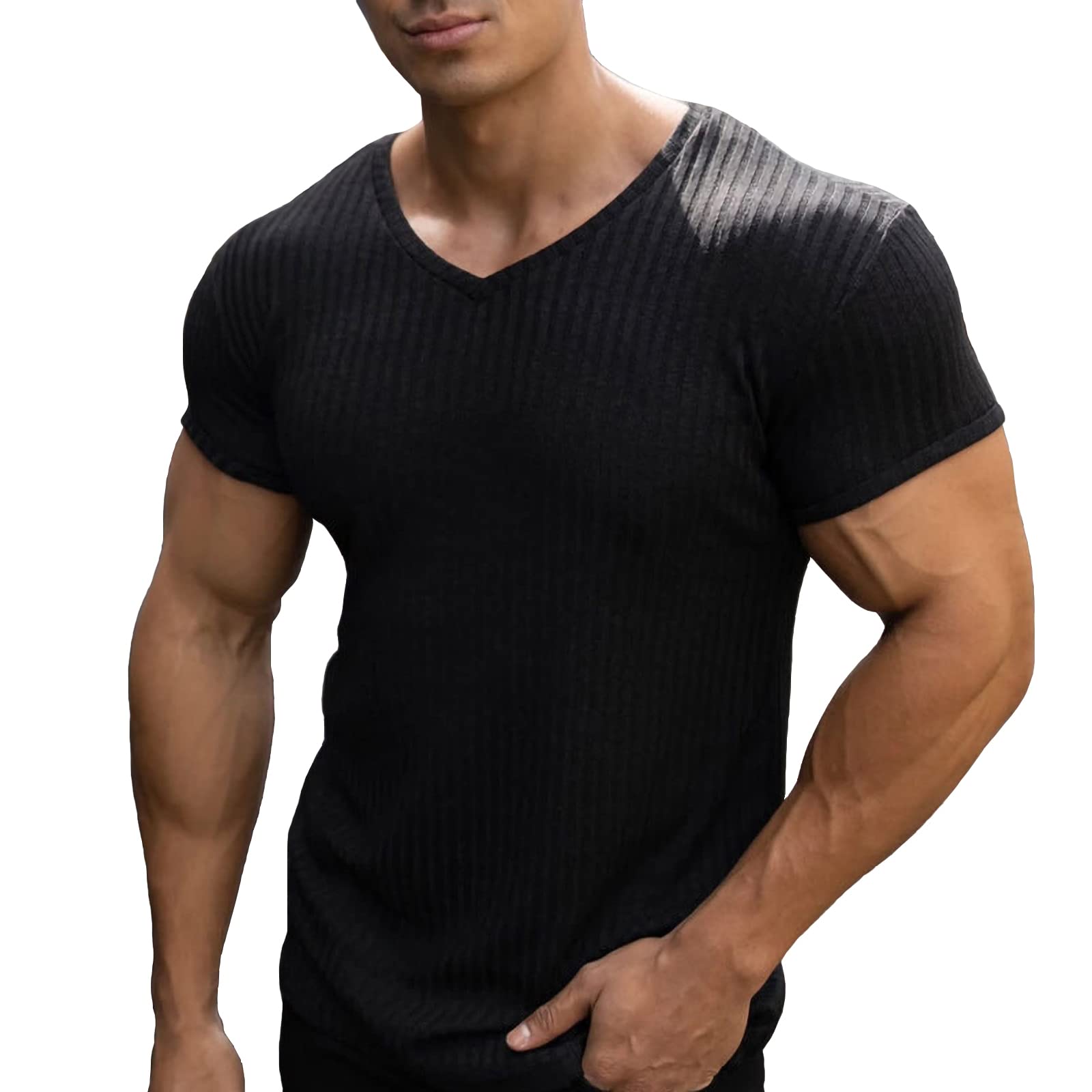 PEVOSU Muscle V-Neck Short Sleeve T Shirts for Men Stretch Slim Fit Workout Fashion Tee Black