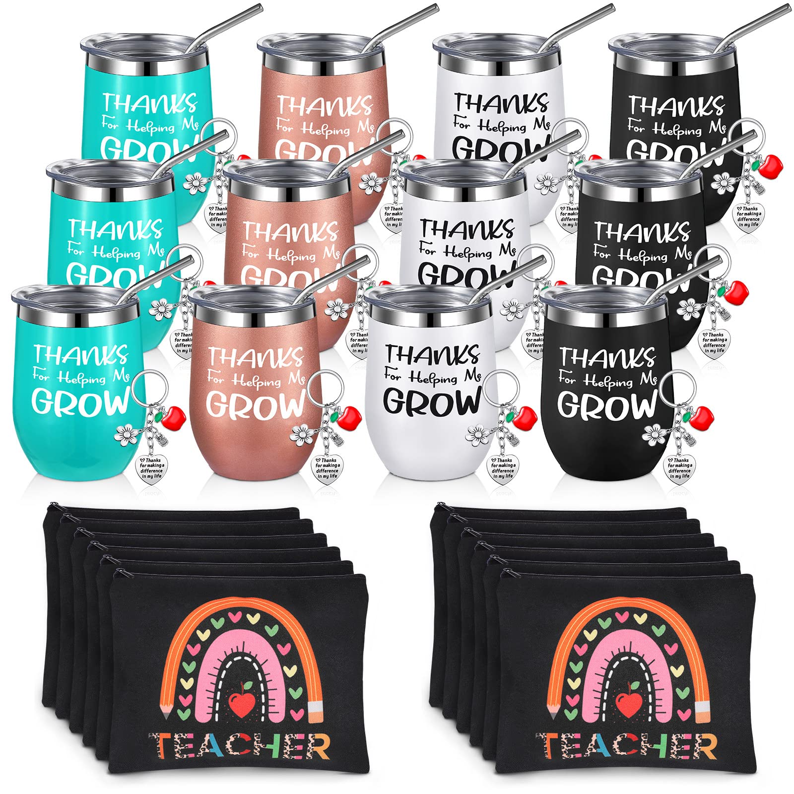 Rtteri 36 Pcs Christmas Gifts Teacher Appreciation Gifts in Bulk for Women 12 Insulated Tumblers Coffee Mug, 12 Makeup Bag and 12 Keychains, Thank You Retirement Gifts for Teachers (Multicolor)