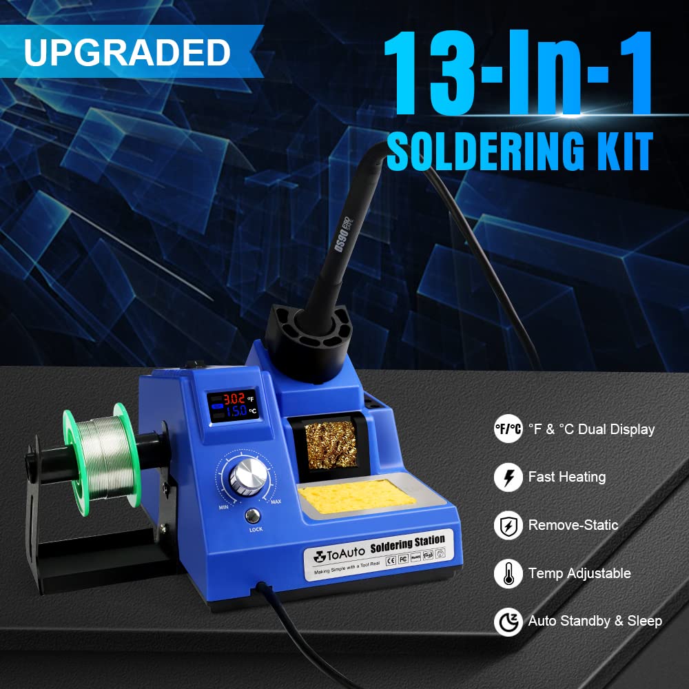 TOAUTO DS90 Soldering Station-°F & °C Dual Digital Display Soldering Iron Station Kit,90W Soldering Iron,302℉- 842℉ Temperature, Anti-Static & Grounding Wire, Auto Standby & Sleep,5 Solder Tips, Blue