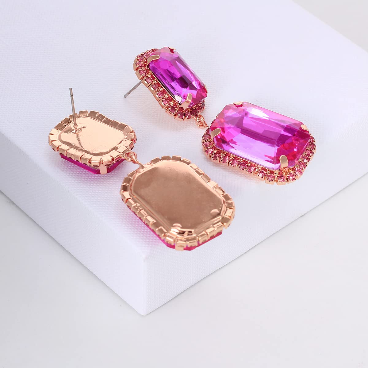 Rose Pink Crystal Chandelier Drop Earrings, Rhinestone Rectangle Statement Earrings for Women Evening Jewelry KELMALL COLLECTION