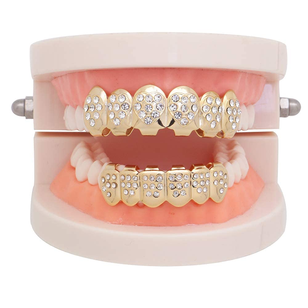 LuReen 14K Gold Heart Diamond Grillz for Men Women Top and Bottom Teeth Grillz +2 Extra Molding Bars