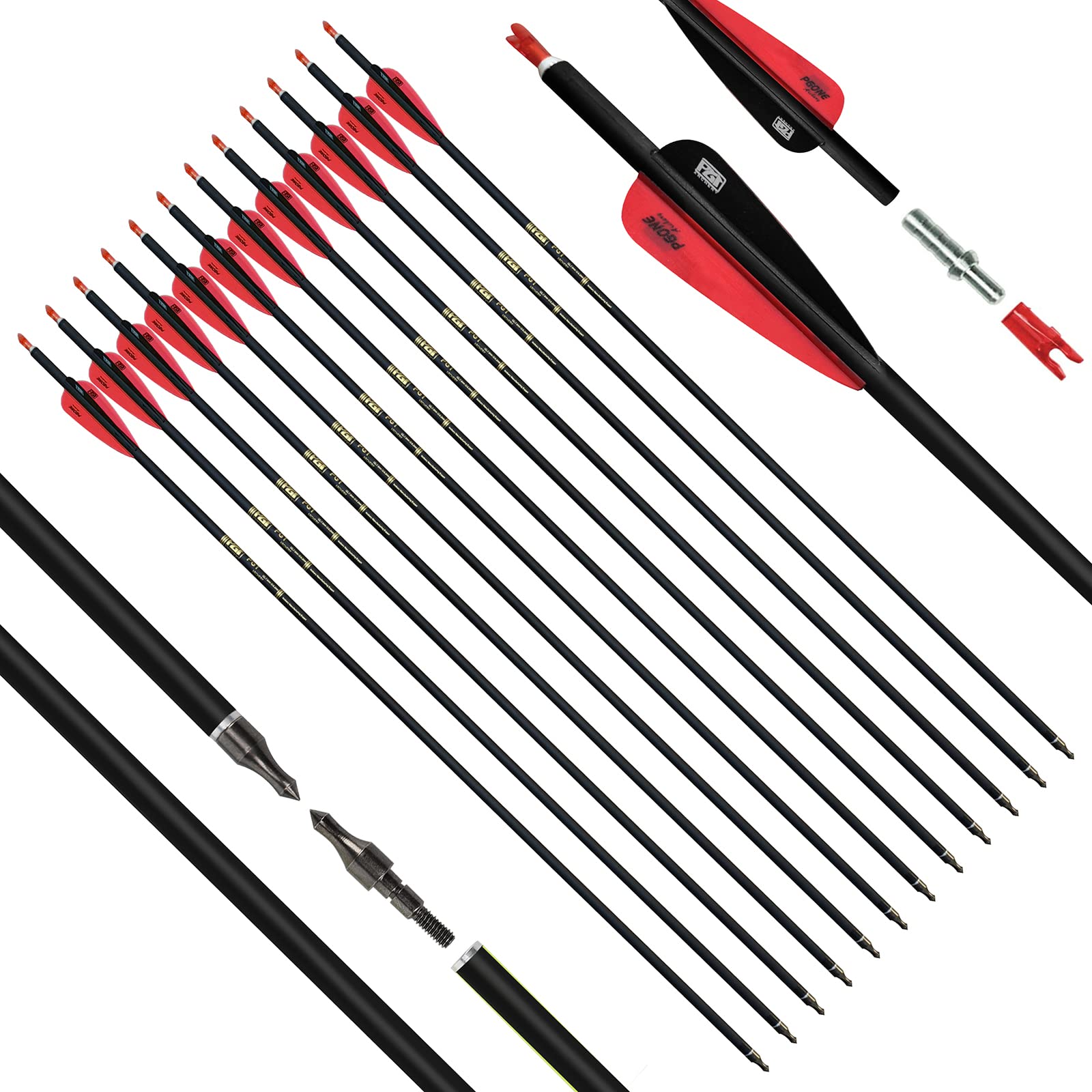 PG1ARCHERY Archery Carbon Arrows 31In Target Practice Hunting Arrows with Removable Nock & Tips Points for Recurve Bow (12Pack) (Red&Black)