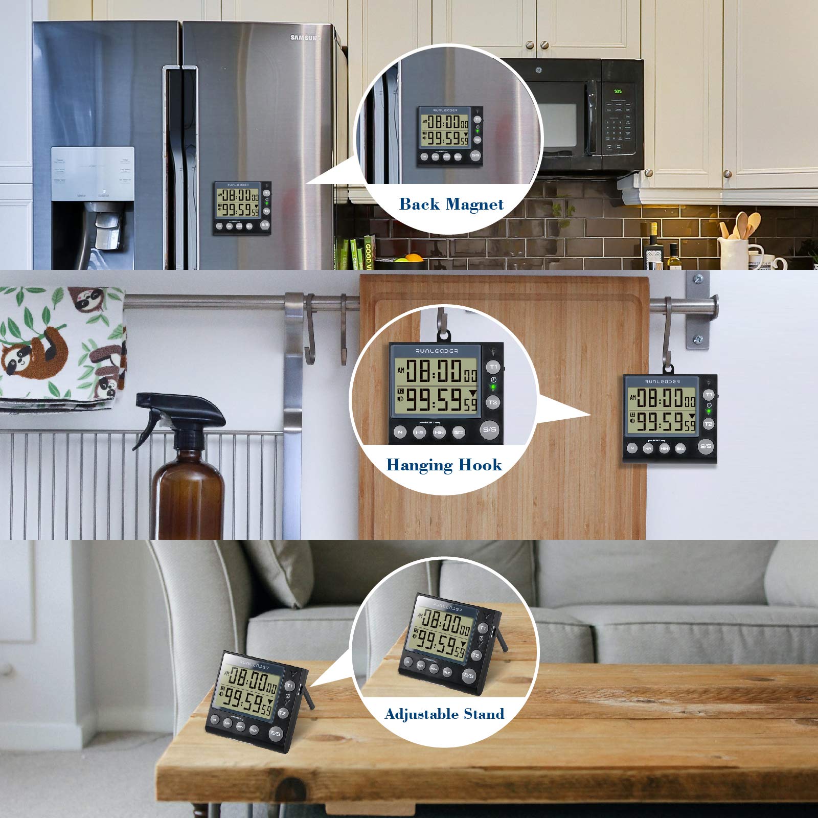 Runleader Kitchen Timer, Bakery Timer, Digital Display Cooking Timer Count Down/Count Up Timer with Magnetic Back,Independent Button,Aloud Alarm,for Cooking Learning Sport Office(Not Included battery)