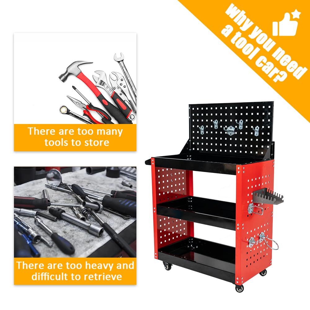 Yeeoy 3 Tier Rolling Tool Cart, Heavy Duty Mechanic Tool Storage Cart with Hooks & Wheels, 660lbs Load Capacity Tool Organizer Side Pegboard kit for Garage Warehouse Repair Shop
