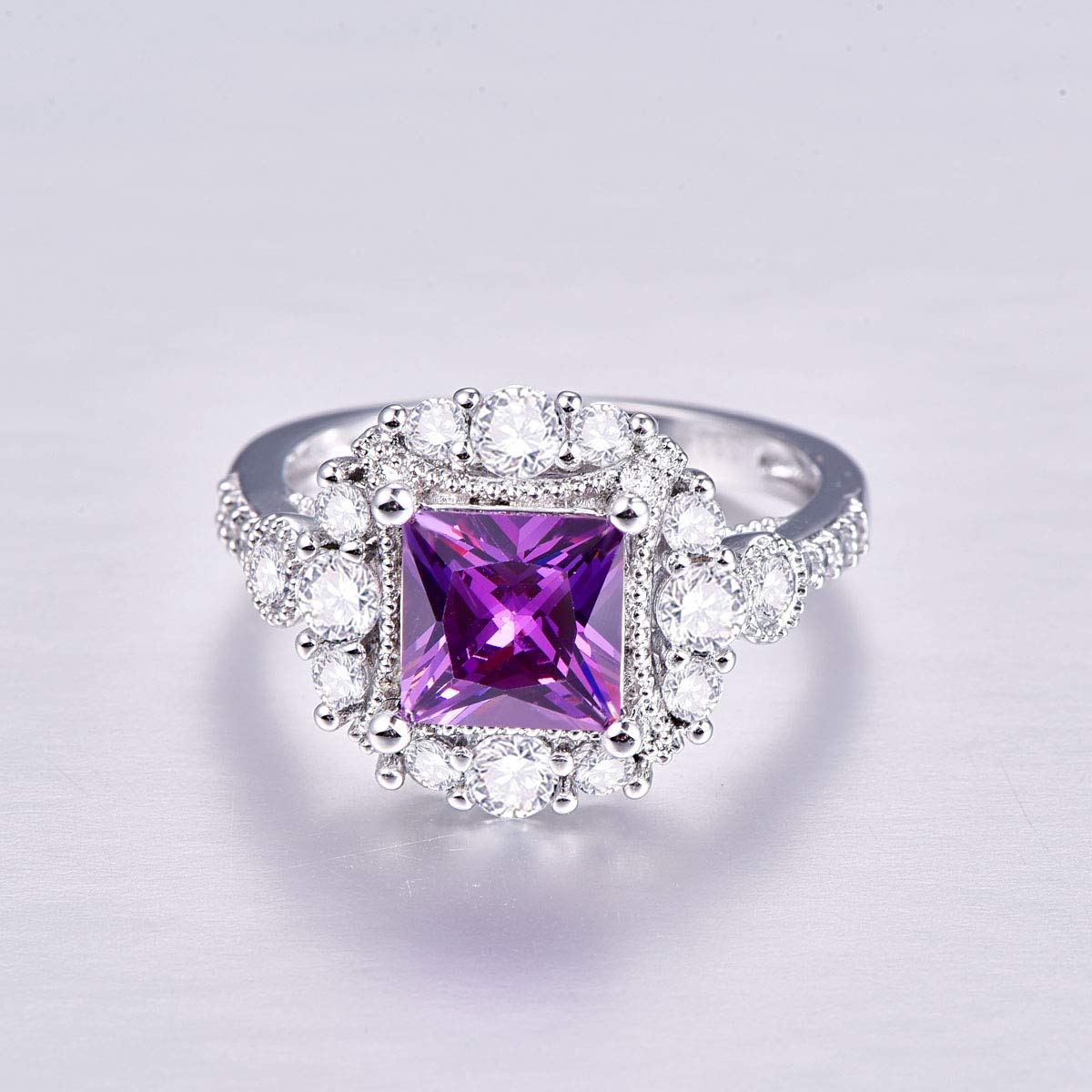 Momius 925 Silver Created-Amethyst Princess Cut CZ Halo Flower Wedding Band Engagement Ring for Women Size 9¡