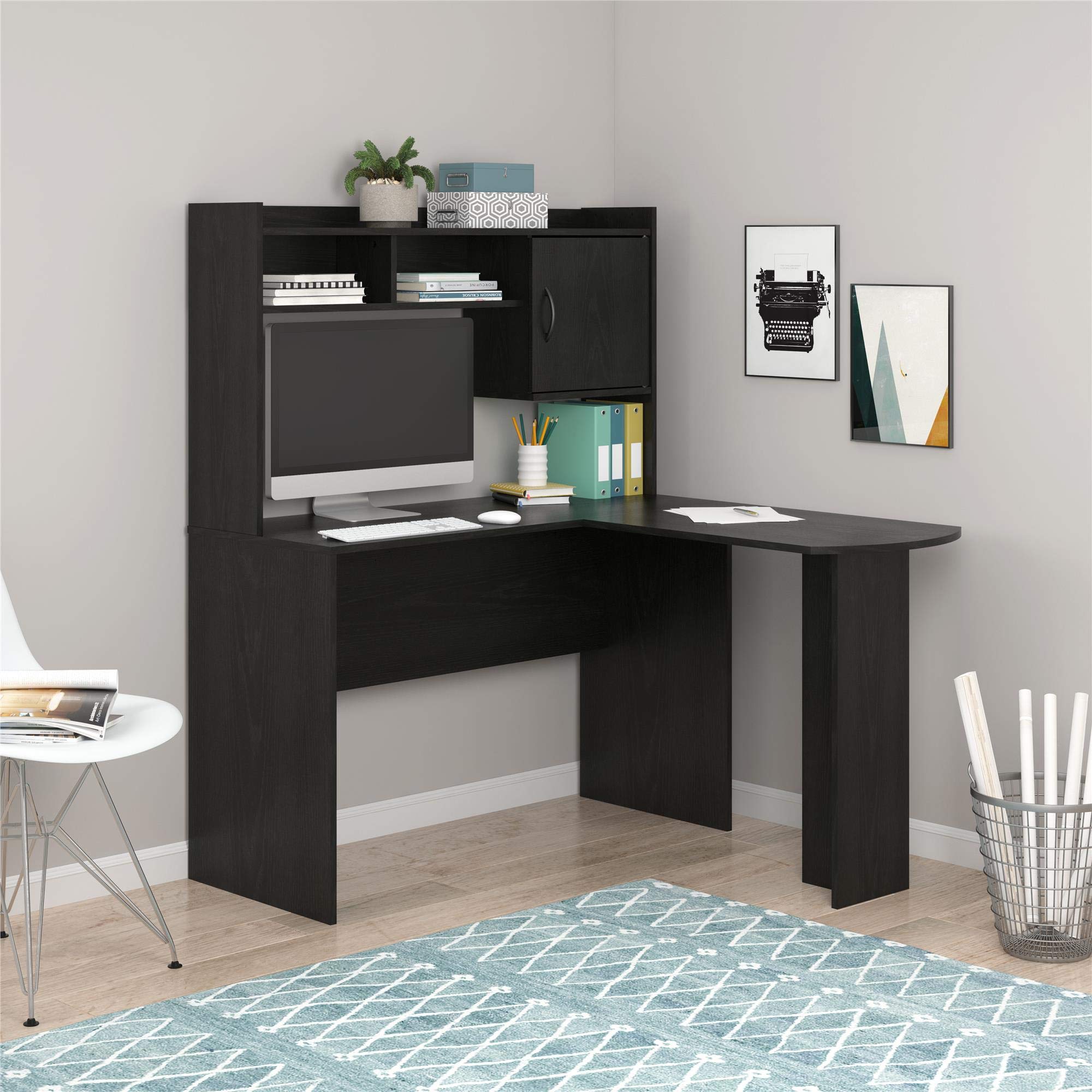 Mainstays Student Desk - Home Office Bedroom Furniture Indoor Desk - Easy Glide Accessory Drawer (Desk Only, Rodeo Oak) (L-Shaped Desk, Black Oak)