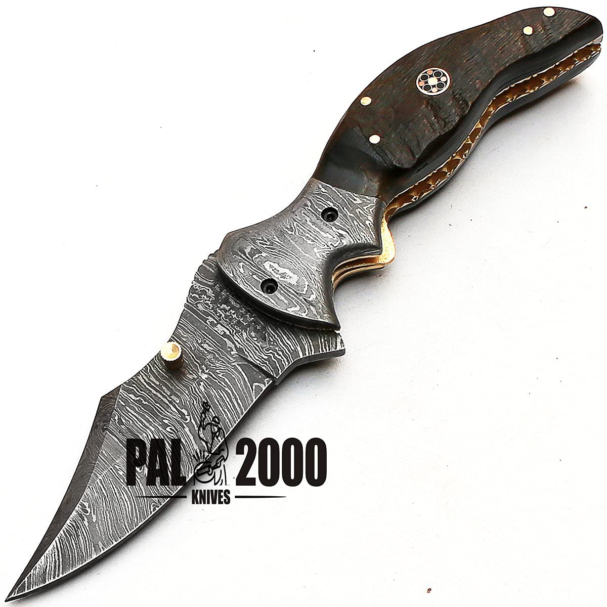 PAL 2000 HUNTING KNIVES Mmbm-8848 - Damascus Folding Knife - Handmade Damascus Steel - Damascus Pocket Knife - Ram Horn Handle