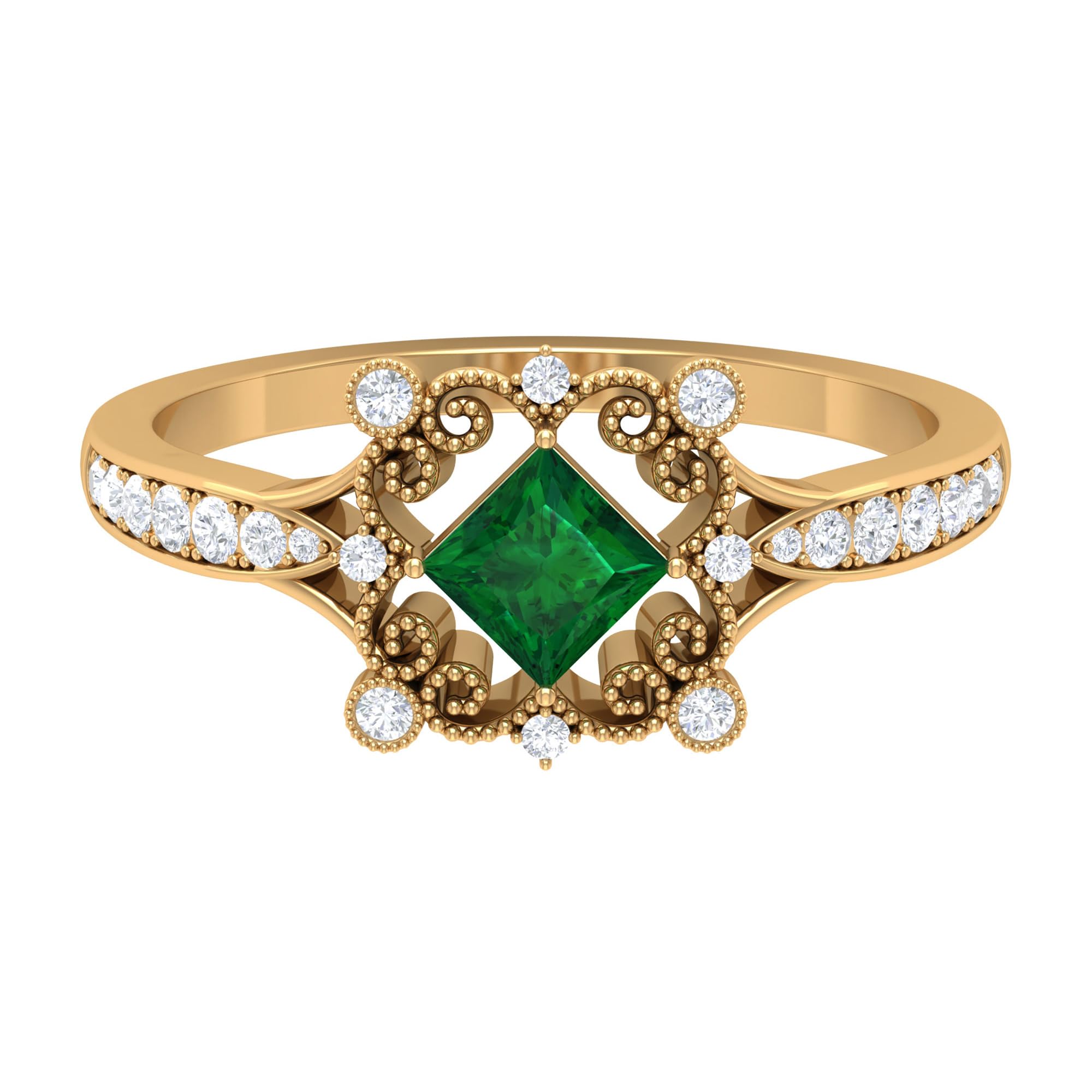 Rosec Jewels Certified Emerald Vintage Inspired Engagement Ring, AAA Quality, Natural Emerald Diamond Art Deco Ring, 14K Yellow Gold, Size:US 7.00