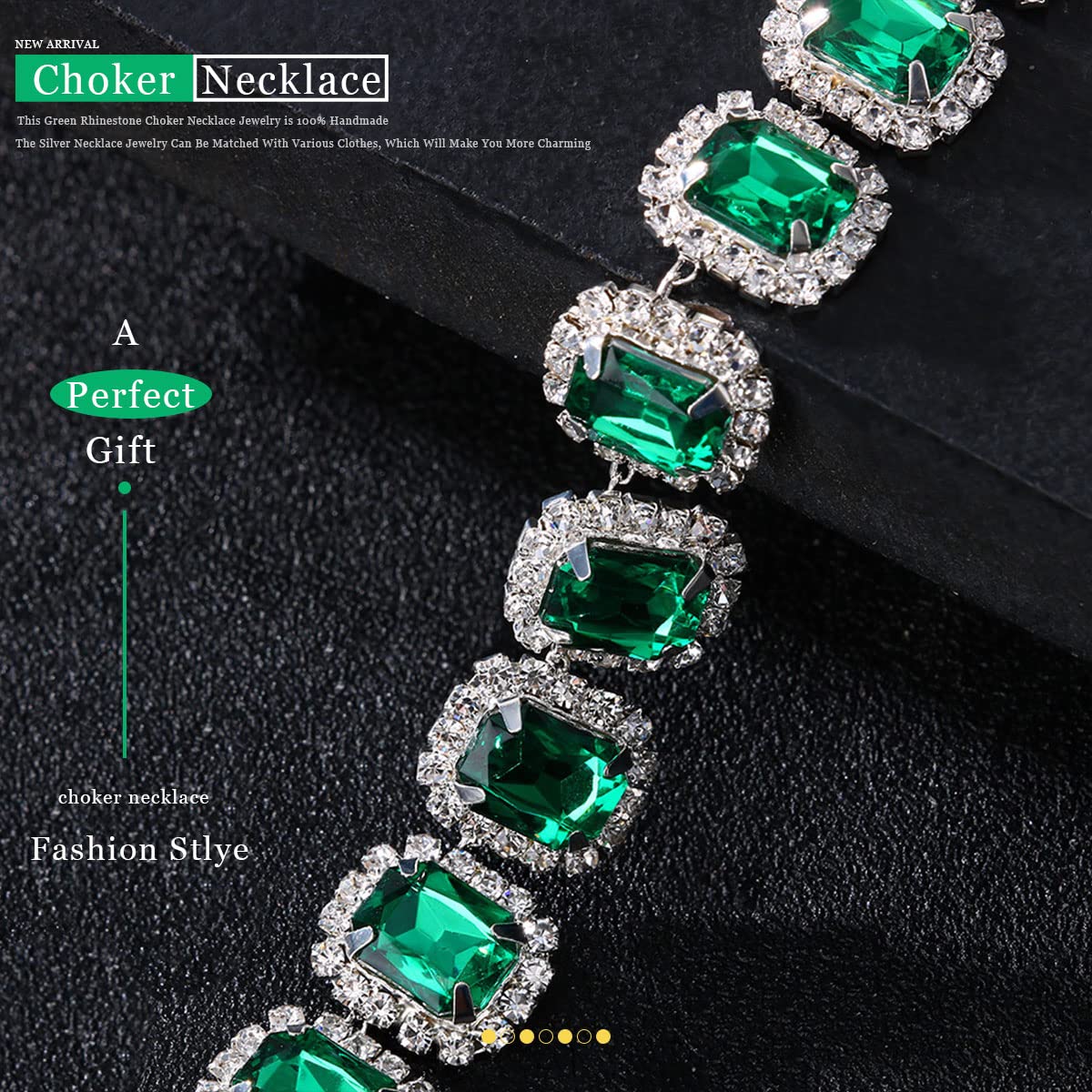 STONEFANS Emerald Green Rhinestone Choker Necklace For Women Sparking Square Rhinestone Choker Collar Statement Silver Neck Jewelry (Green)