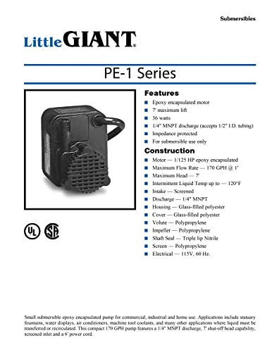 Little Giant PE-1H 115-Volt, 1/125 HP, 170 GPH Epoxy Encapsulated Small Submersible Direct Drive Pump with Hooded Volute, 6 Ft. Cord, Black, 518203