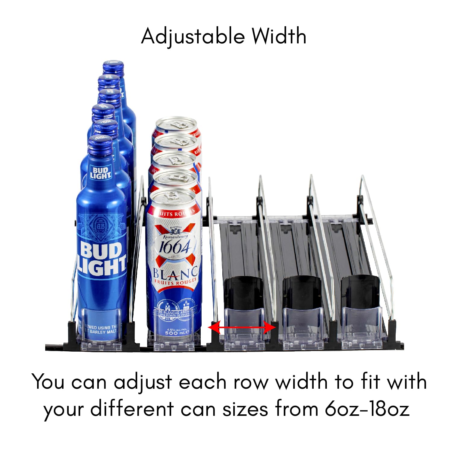 RULA Drink Organizer for Fridge, Self-Pushing Soda Can Dispenser for Refrigerator, Width Adjustable Water Bottle Pusher Glide, 16.2" D, 5 Rows, Black