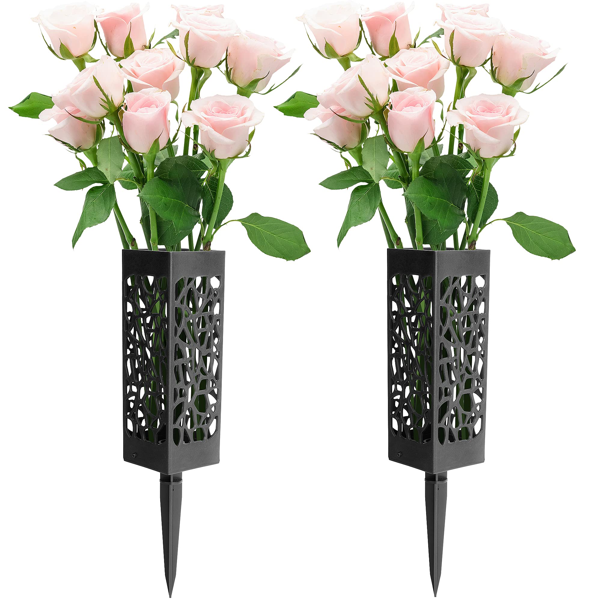 Wehhbtye 2 Pack 12 inch Memorial Cemetery Floral Holder Decoration-Plastic Floral Vase Cones with Long Spike Stake and Drainage Holes for Gravestone Grave Yard Ground Outdoor Flower Marker