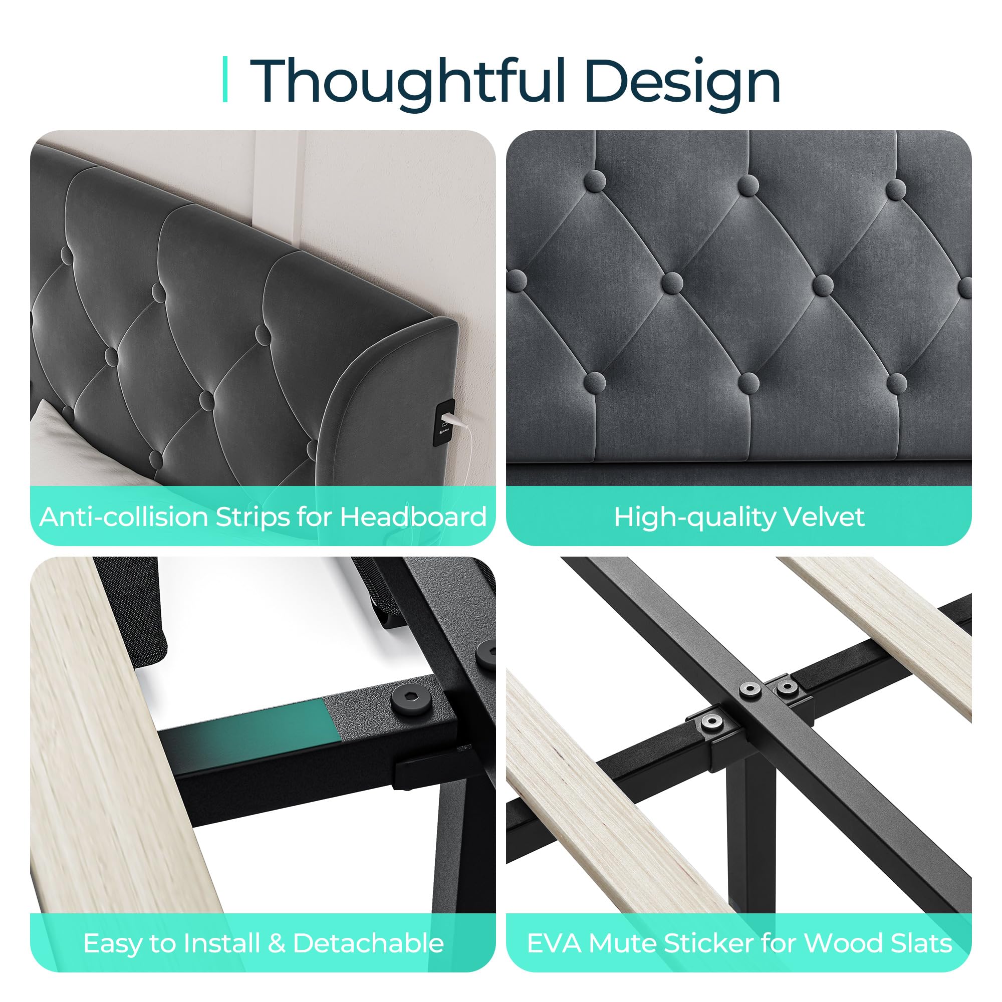 LINSY Upholstered Queen Bed Frame with 4 Drawers, RGB Lights, Fast Charger and Headboard - No Box Spring Needed, Dark Grey