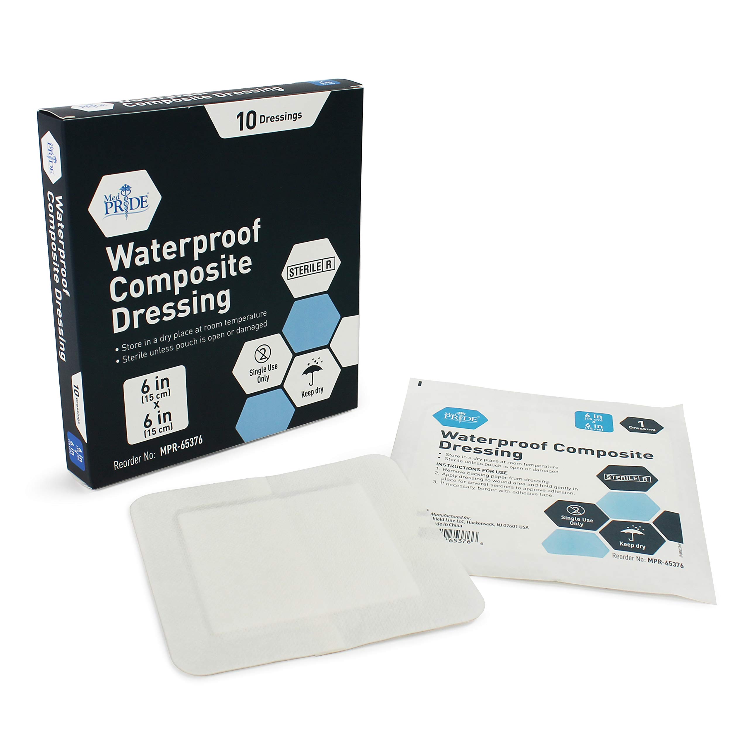 MED PRIDE Waterproof Composite 6โโ x 6โโ Wound Dressing Pads- 10-Pack, Sterile, Individually Wrapped- for Men/Women- for Pressure Ulcers, Post Op Trauma-Injury-Medium Absorbency