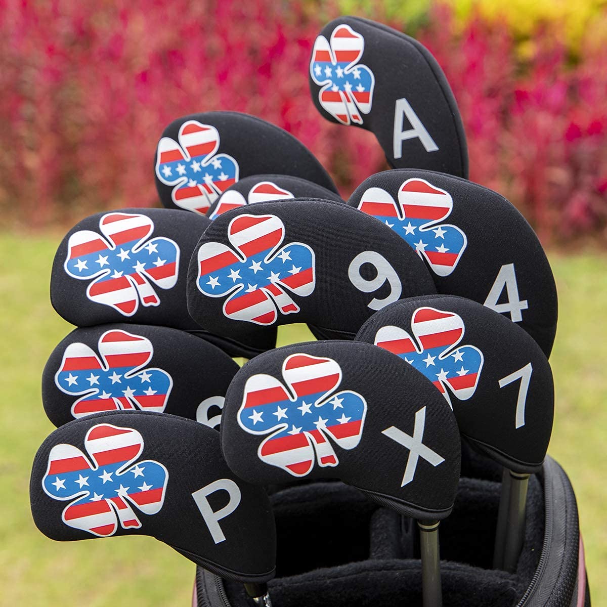 Neoprene Golf Iron Club Head Covers Headcovers Set - 10pcs Golf Club Protector Case - American Flag Clover Pattern (FBA)