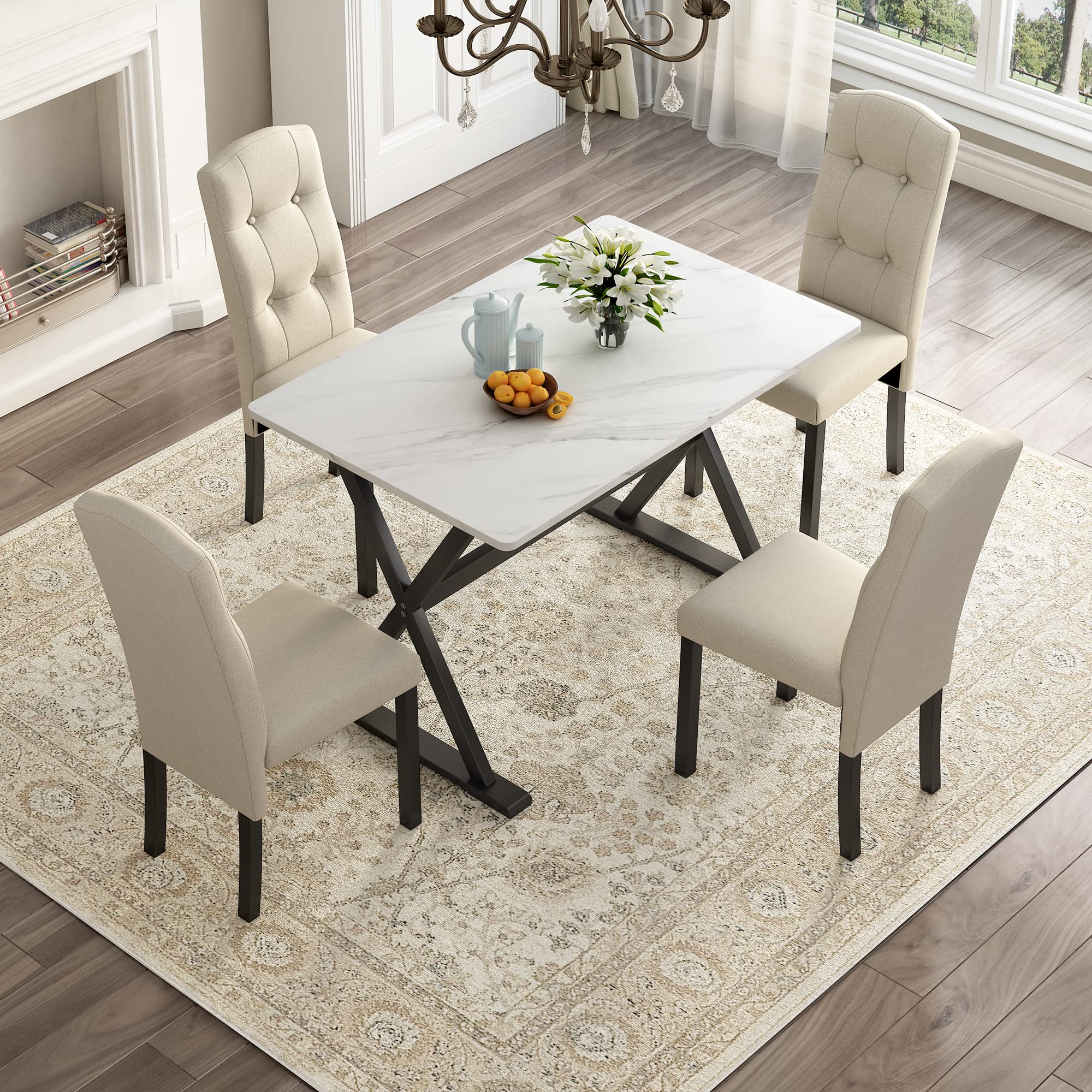 Morhome Dining, 5-Piece Wood Table Set with 4 Upholstered Chairs for Kitchen, Bar, Living Room, Breakfast Nook, Small Space, White+Beige