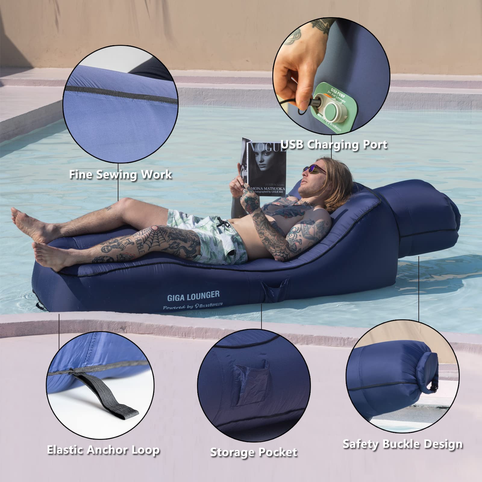 SAPHALTON Inflatable Lounger Air Sofa, Automatic Inflatable Chair, Blow Up Couch for Camping, Traveling, Outdoor, Hiking, Picnic, Backyard, Navy Blue