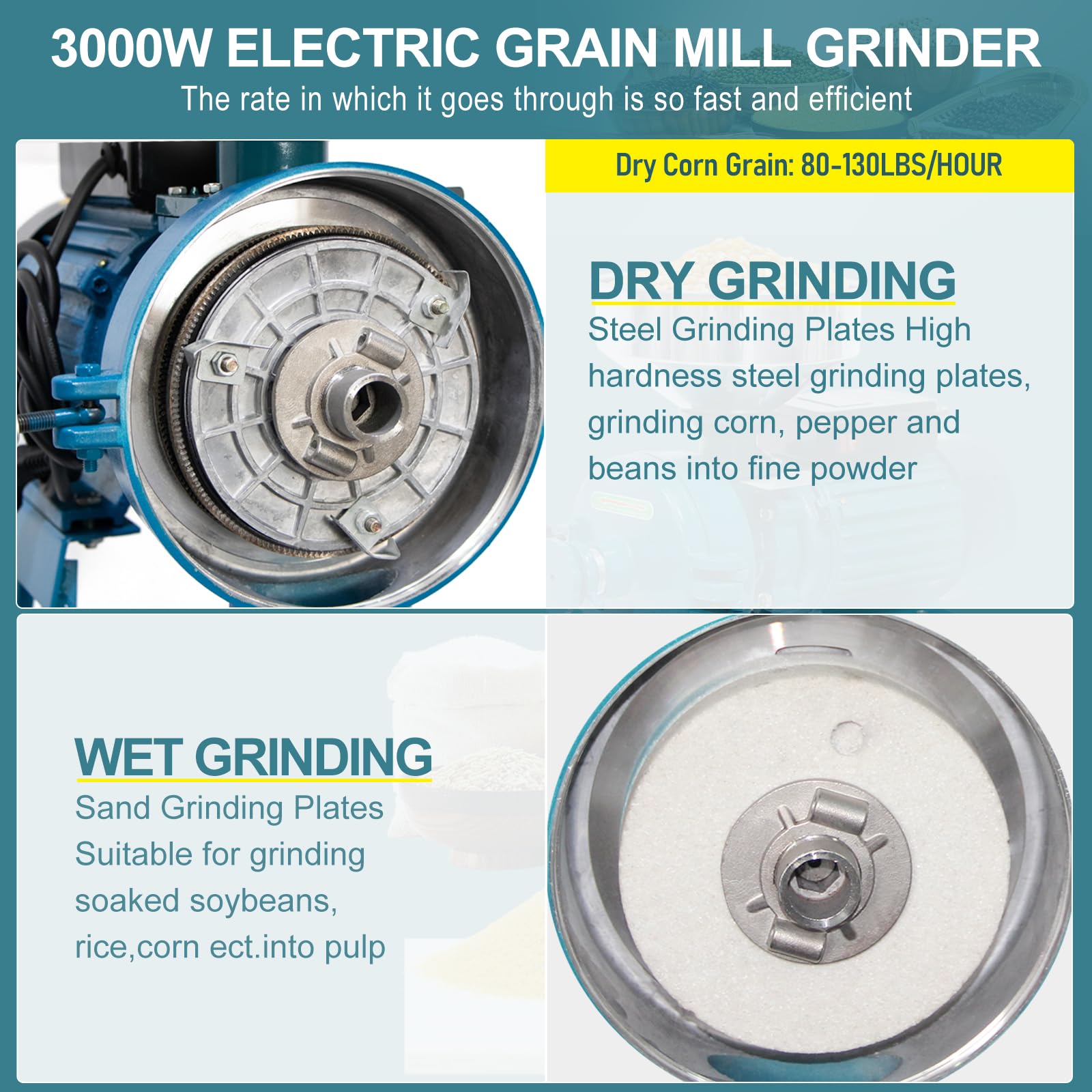 NAIZEA Grain Mills Wet Dry Cereals Grinder, Electric Grain Mill Grinder Corn Mill, Heavy Duty 3000W 110V Commercial Grain Grinder Machine, Wheat Feed Mill Flour Mill with Funnel (Dry & Wet Grinder)