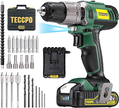 TECCPO Cordless Drill Set, 63Pcs Power Drill Set, Drill with 310 In-lbs, 2-Speed, 21+1 Torque Setting, 2.0Ah Battery & Fast Charger, Tool Kit with Drill, Drill Kit Tool Set for General Household