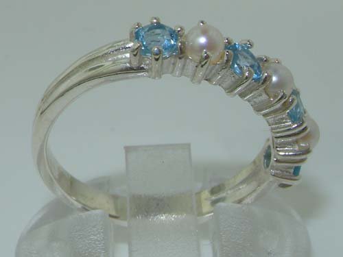 LetsBuyGold 925 Sterling Silver Cultured Pearl & Blue Topaz Womans Eternity Band Ring - Size 10