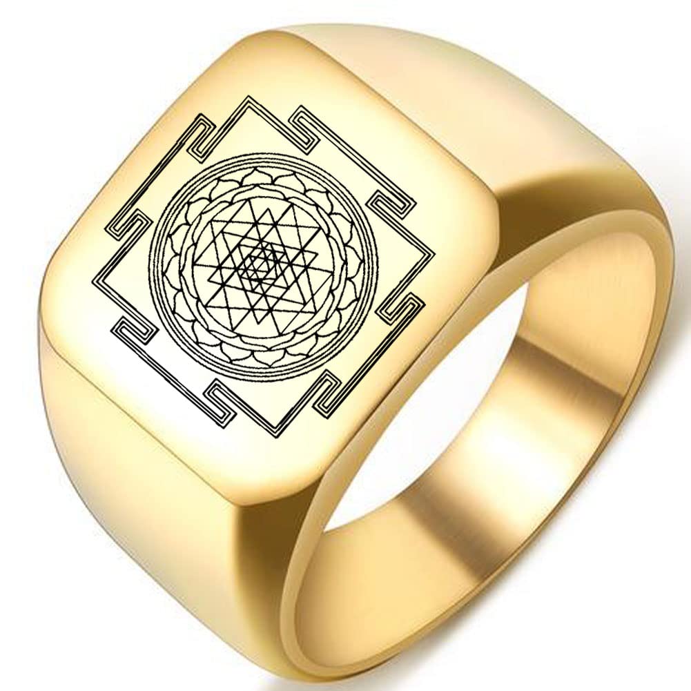 Polished Engraved Detailed Sri Yantra Chakra Symbol Mens Womens Stainless Steel Ring
