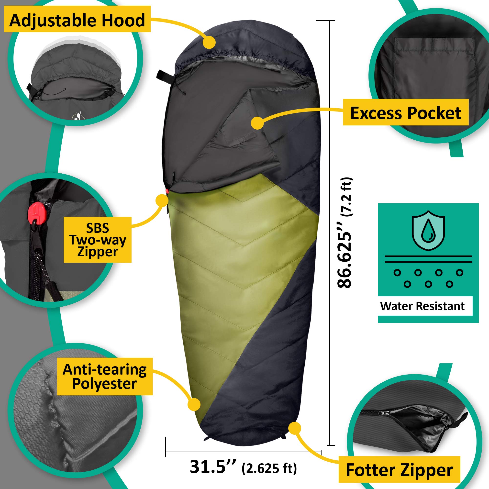 Mummy Camping Sleeping Bag - Hiking, Backpacking Sleeping Bag - Single Person Compact Lightweight Sleeping Bag for Adults with Compression Sack - Warm and Cold Weather Sleep Bag - by Trek N Tree