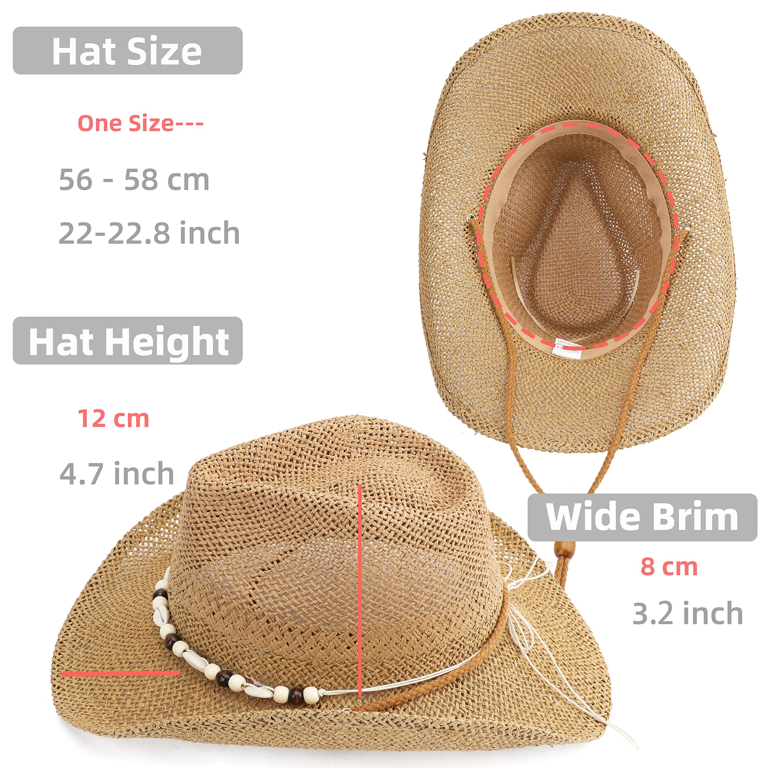 Melesh Adult Sun Straw Western Cowboy Hat Colored (Rice)
